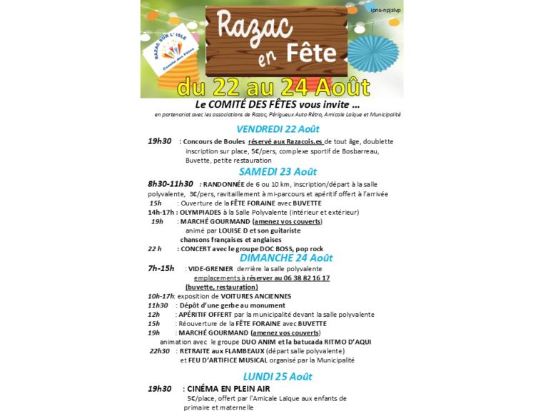 Razac en fête du 22 au 24 août 2025 - Mairie de Razac sur l'Isle